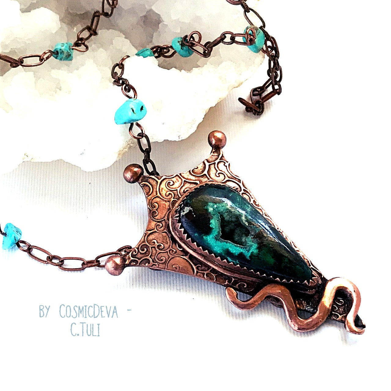Botryoidal Chrysocolla Copper Snake Pendant Copper Necklace – CosmicDeva